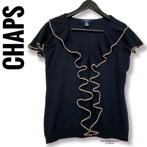 Chaps | Tops | Chaps Navy Blue And Gold Trim Ruffle Knit Blouse With ...